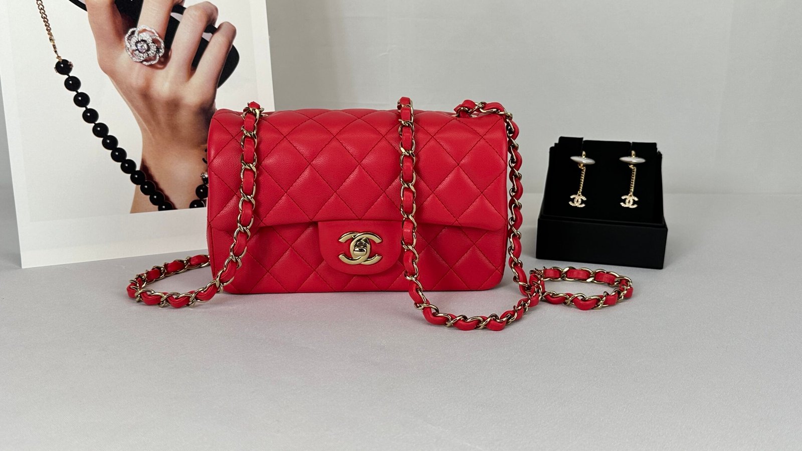 Chanel 24S Dark Red Lambskin Rectangular Mini with Champagne Gold ...