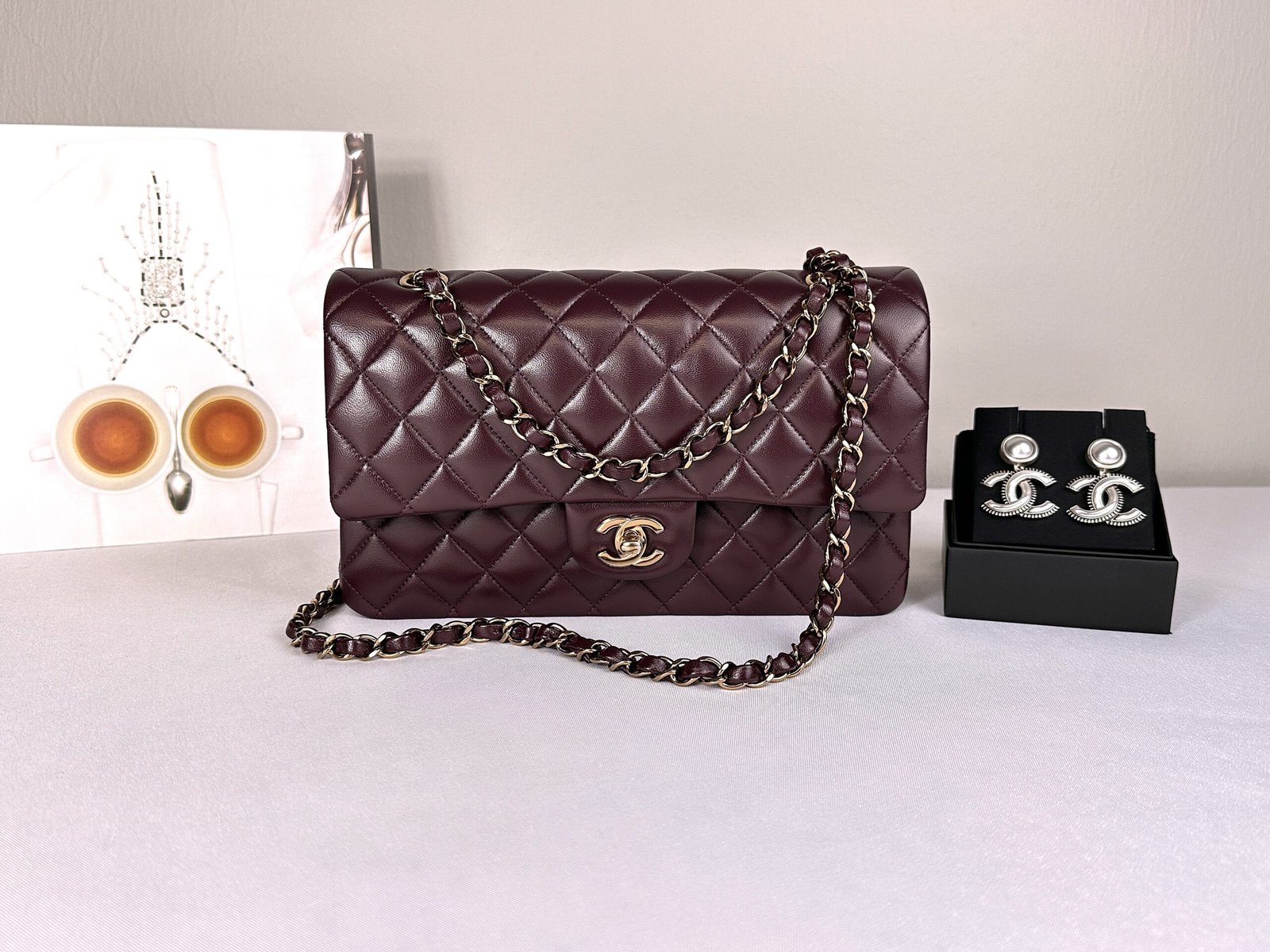 Chanel 24B Burgundy Lambskin Medium Classic Flap with Rose Gold ...